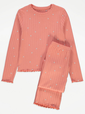 Coral Star Ribbed Lettuce Edge Long Sleeve Pyjamas | Kids | George at ASDA