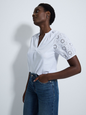 White Broderie Short Sleeve Notch Neck Top | Women | George at ASDA