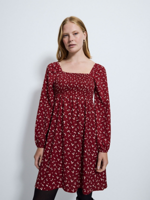 Red Floral Shirred Crepe Long Sleeve Mini Dress | Women | George at ASDA