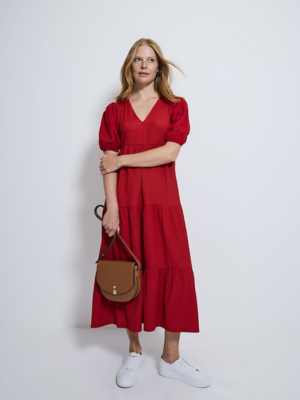 Red Broderie Puff Sleeve Tiered Midi Dress | Women | George at ASDA