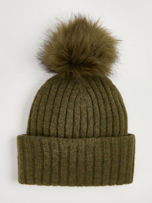 Khaki Ribbed Oversized Knitted Bobble Hat | Women | George at ASDA