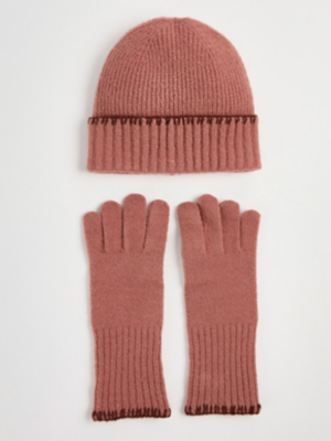 Dusty Pink Knitted Stitch Beanie Hat and Gloves Set | Women | George at ...
