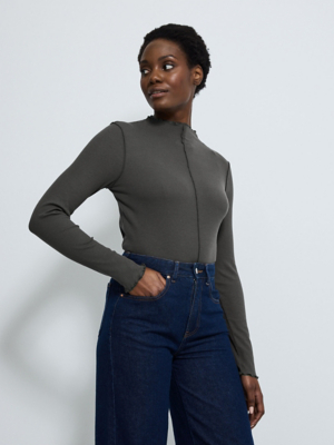 Charcoal Ribbed Lettuce Edge Long Sleeve Top | Women | George at ASDA