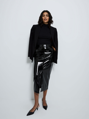 Black High Shine Faux Leather Midi Skirt | Women | George at ASDA