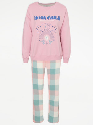 Pink Checked Moon Child Sweatshirt Pyjamas | Lingerie | George at ASDA