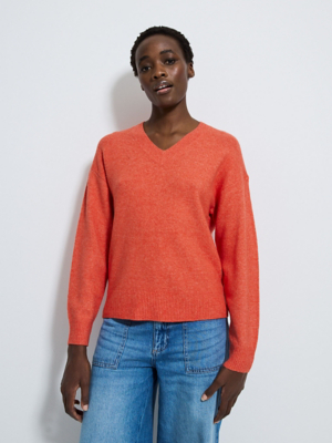 Coral Red Ribbed V Neck Jumper | Women | George at ASDA