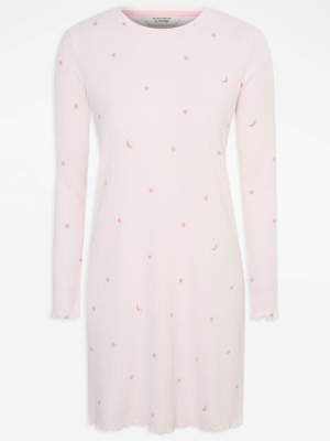 Light Pink Star Ribbed Long Sleeve Nightdress | Lingerie | George at ASDA