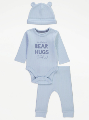 Light Blue Bear Hugs Ribbed Bodysuit Trousers and Hat Set | Baby ...