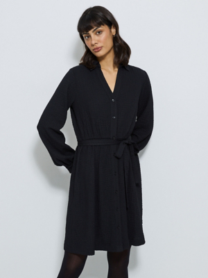 Black Textured Crepe Long Sleeve Mini Shirt Dress | Women | George at ASDA