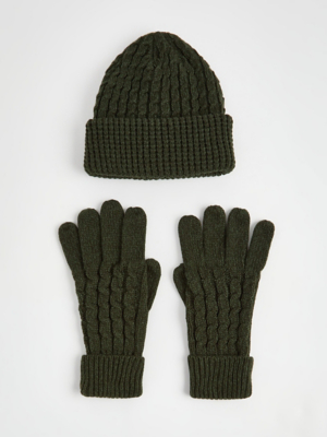 Khaki Cable Knitted Beanie Hat and Gloves | Men | George at ASDA