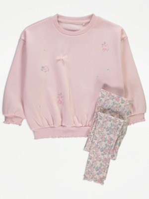 Pink Floral Lettuce Edge Sweatshirt and Leggings Set | Kids | George at ...