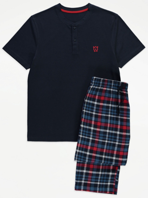 Navy Alarm Clock Short Sleeve Checked Pyjamas | Men | George at ASDA