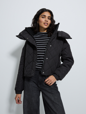 Black Quilted Hooded Cropped Coat | Women | George at ASDA