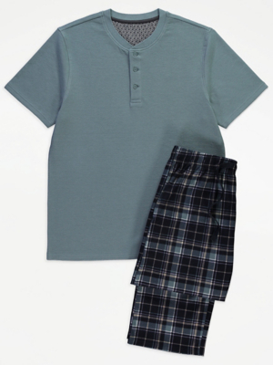 Light Teal Checked Short Sleeve Pyjamas | Men | George at ASDA