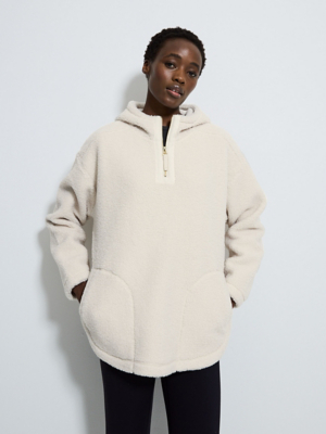 Cream Borg Fleece Zip Neck Hoodie | Women | George at ASDA
