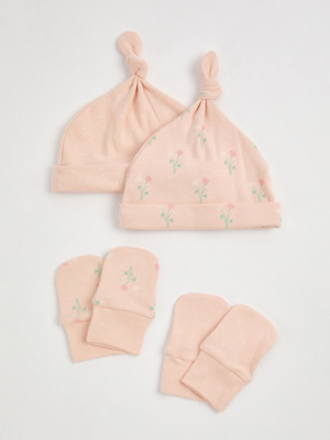 Pink Floral Newborn Hats and Scratch Mitts Set 2 Pack | Baby | George ...