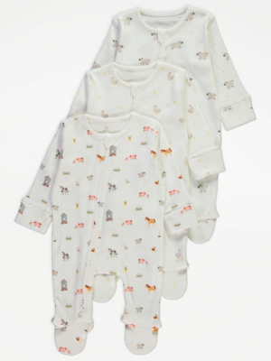 Farm Animal Ribbed Zip Fasten Sleepsuits 3 Pack | Baby | George at ASDA
