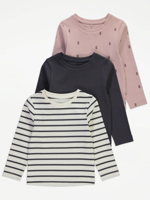 Striped Floral Ribbed Long Sleeve Tops 3 Pack | Kids | George at ASDA