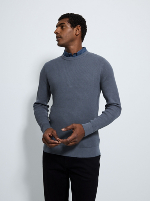 Slate Blue Gingham Mock Shirt Knitted Jumper | Men | George at ASDA