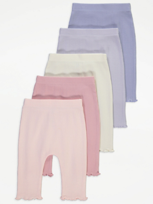 Pastel Ribbed Lettuce Edge Leggings 5 Pack | Baby | George at ASDA