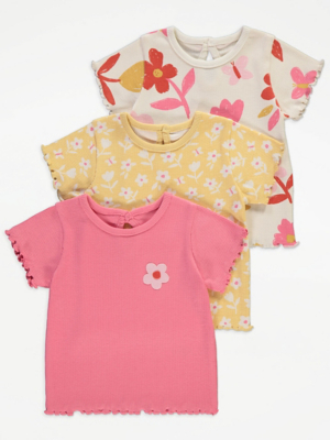 Floral Ribbed Lettuce Edge Short Sleeve Tops 3 Pack | Baby | George at ASDA