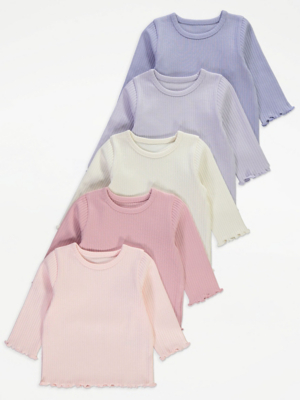Pastel Ribbed Lettuce Edge Long Sleeve Tops 5 Pack | Baby | George at ASDA