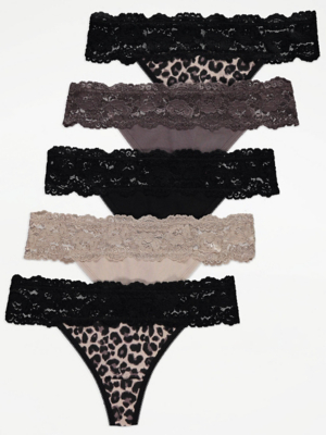 Animal Print Lace Top Thongs 5 Pack | Lingerie | George at ASDA