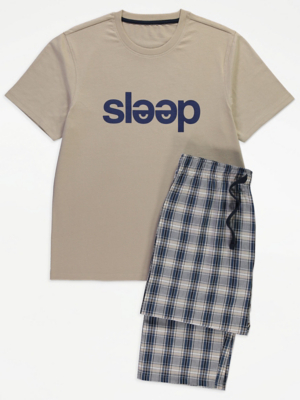 Neutral Checked Sleep Short Sleeve Pyjamas | Men | George at ASDA