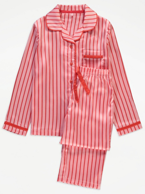 Pink Striped Satin Long Sleeve Shirt Pyjamas | Kids | George at ASDA