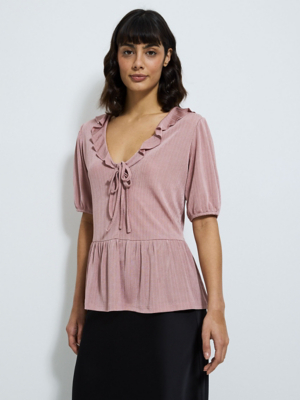 Pink Shimmer Bow Front Frilly Peplum Top | Women | George at ASDA