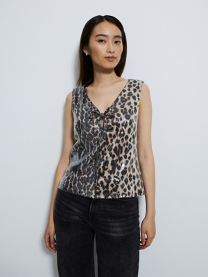 Leopard Print Sequin Tie Front Sleeveless Top | Women | George at ASDA