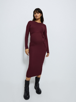 Burgundy Maternity Ribbed Long Sleeve Midi Dress | Women | George at ASDA