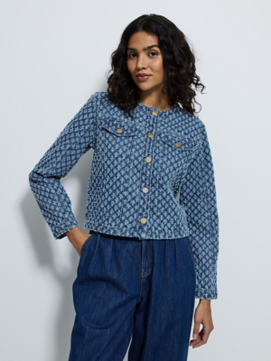 Blue Boucle Textured Cropped Denim Jacket | Women | George at ASDA