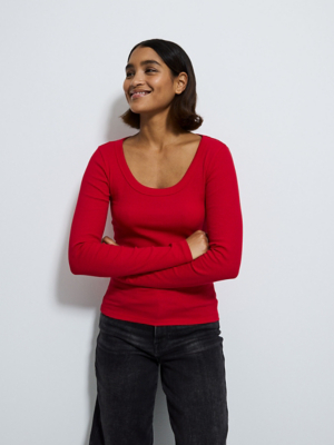 Red Scoop Neck Ribbed Long Sleeve Top | Women | George at ASDA