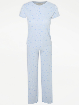 Light Blue Ditsy Floral Lettuce Hem Short Sleeve Pyjamas | Lingerie ...