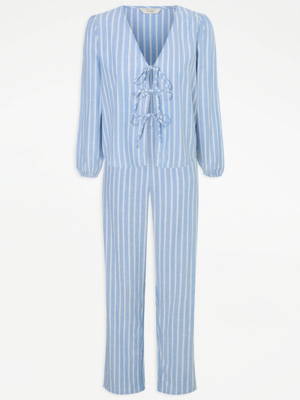 Blue Striped Woven Tie Front Long Sleeve Pyjamas | Lingerie | George at ...