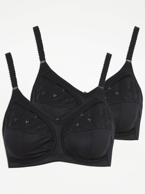 Black Embroidered Non Padded Full Cup Bras 2 Pack | Lingerie | George ...