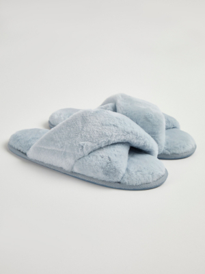 Light Blue Faux Fur Cross Over Slider Slippers | Lingerie | George at ASDA