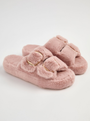Pink Faux Fur Buckled Open Toe Slippers | Lingerie | George at ASDA