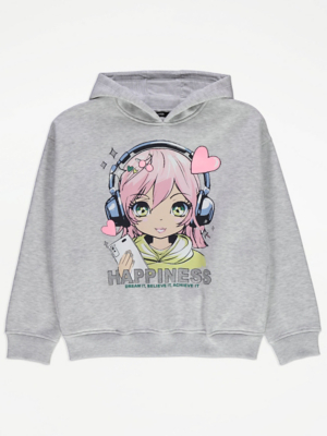 Grey Anime Girl Happiness Hoodie | Kids | George at ASDA