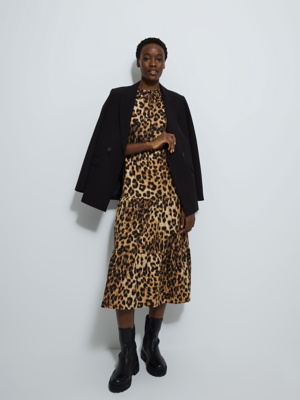 Leopard Print Frill Sleeve Tiered Midi Dress | Women | George at ASDA