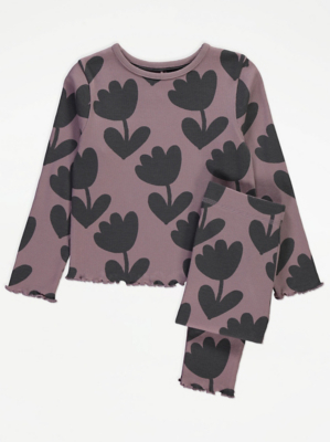Mauve Floral Ribbed Lettuce Edge Long Sleeve Pyjamas | Kids | George at ...