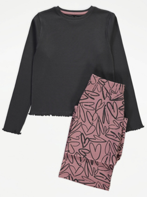 Charcoal Heart Ribbed Long Sleeve Pyjamas | Kids | George at ASDA