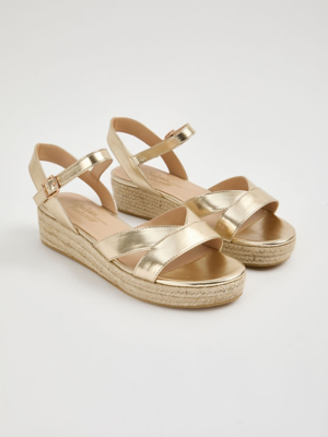 Gold Metallic Raffia Low Wedge Sandals | Women | George at ASDA