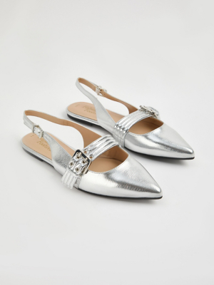 Silver Metallic Buckle Pointed Toe Sling Back Shoes | Women | George at ...