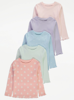 Pastel Floral Spotty Ribbed Long Sleeve Tops 5 Pack | Kids | George at ASDA