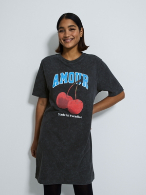 Charcoal Acid Wash Cherry Amour Mini T-Shirt Dress | Women | George at ASDA