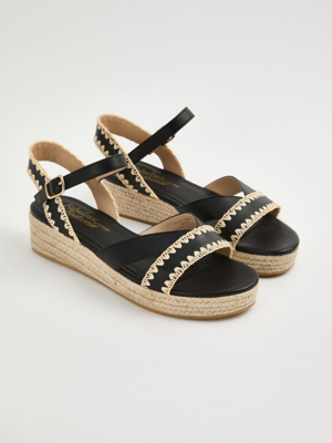 Wide Fit Black Raffia Low Wedge Sandals | Women | George at ASDA