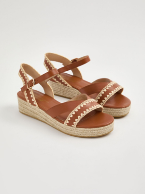 Wide Fit Tan Raffia Low Wedge Sandals | Women | George at ASDA