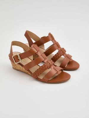 Wide Fit Tan Plaited Strap Low Wedge Sandals | Women | George at ASDA